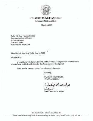 "Financial Report, 2002" by Herculaneum Sewer District